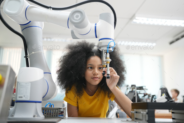 Children learning AI technology Robot with artificial intelligence ...