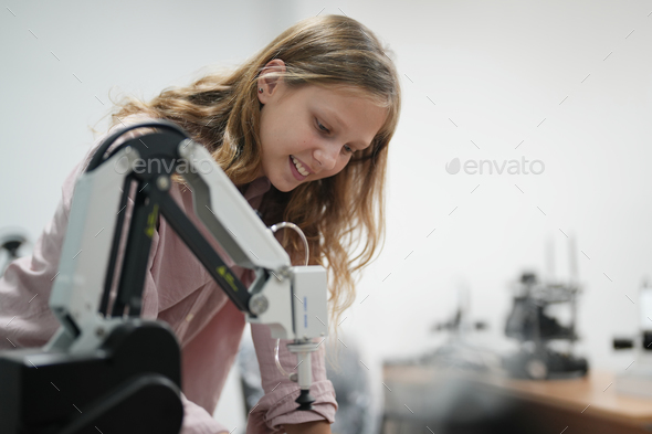 Children learning AI technology Robot with artificial intelligence ...