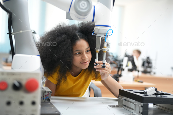 Children learning AI technology Robot with artificial intelligence ...