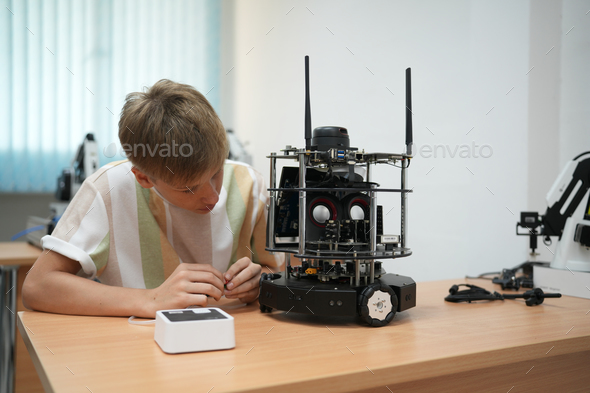 Children learning AI technology Robot with artificial intelligence ...