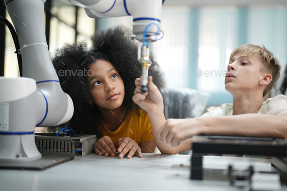 Children learning AI technology Robot with artificial intelligence ...