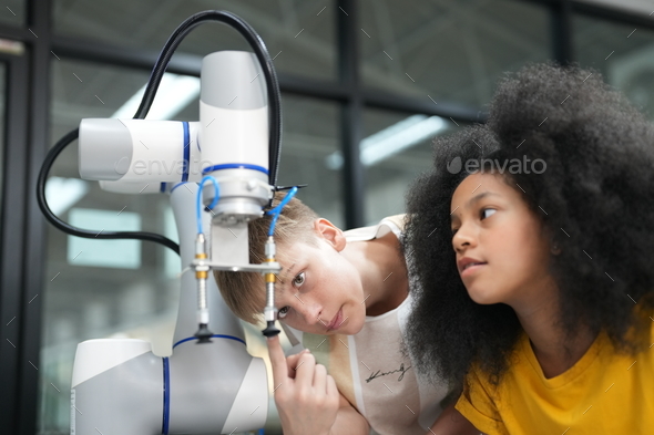 Children learning AI technology Robot with artificial intelligence ...