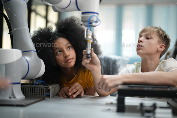 Children learning AI technology Robot with artificial intelligence ...