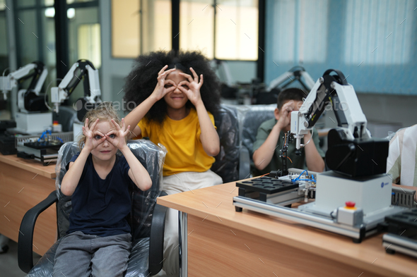 Children learning AI technology Robot with artificial intelligence ...