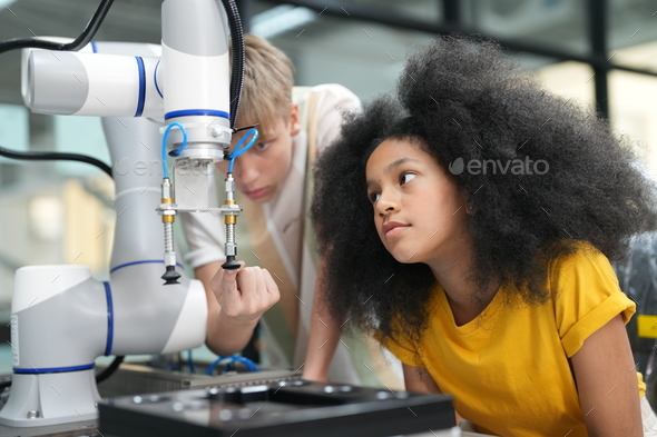 Children learning AI technology Robot with artificial intelligence ...