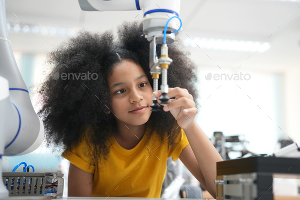 Children learning AI technology Robot with artificial intelligence ...