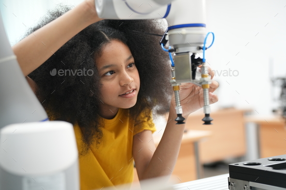 Children learning AI technology Robot with artificial intelligence ...