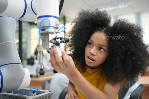 Children learning AI technology Robot with artificial intelligence ...