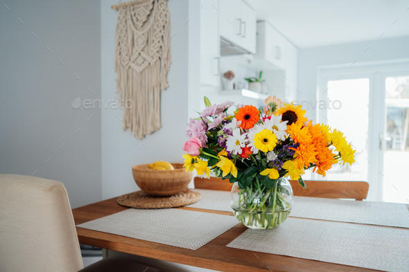 Kitchen counter table with focus on vase with huge multicolor various ...