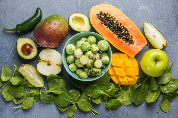 Foods high in folic acid. Vegetables, fruits rich in vitamin C Stock ...