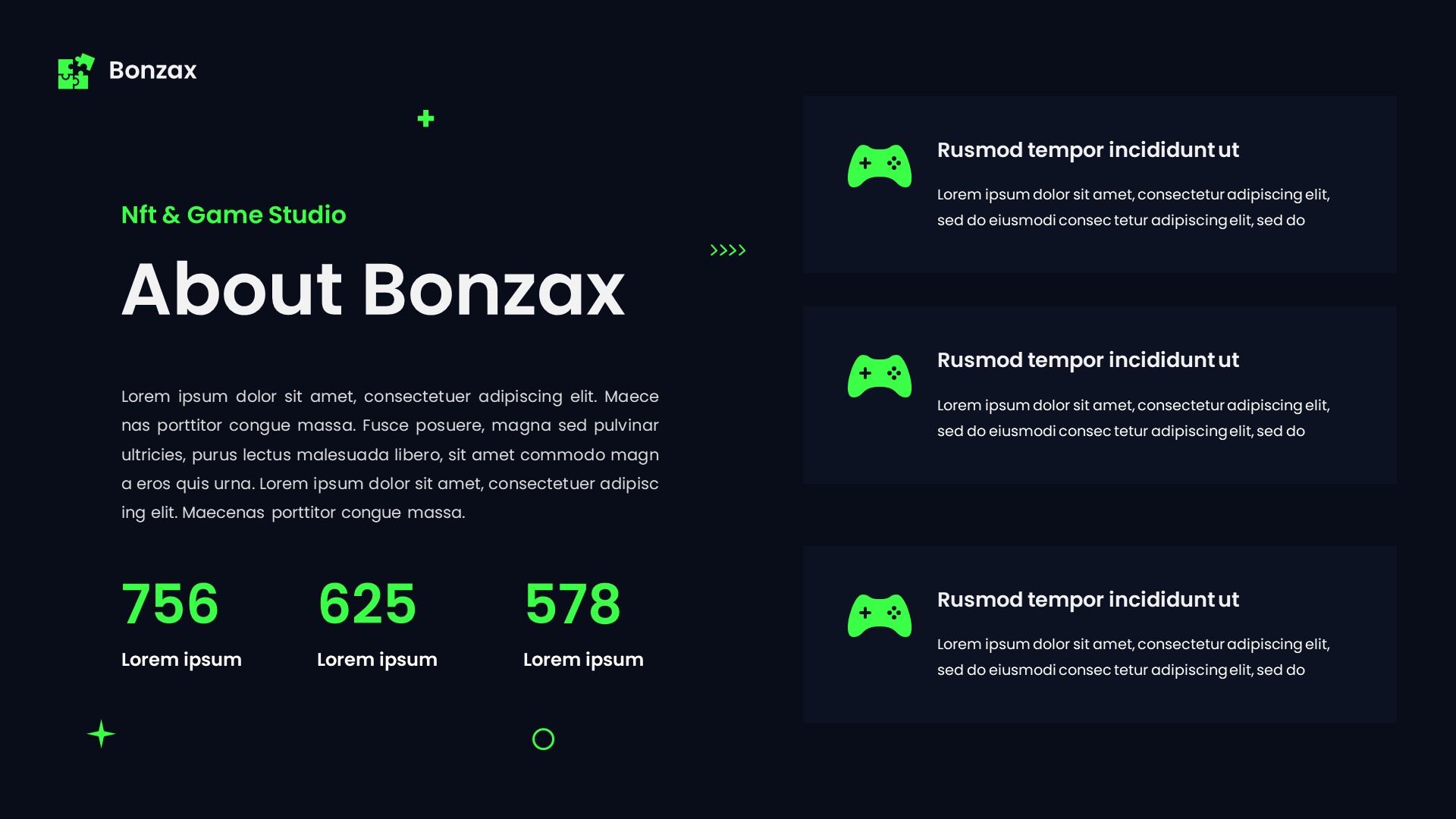 Bonzax - NFT & Game Studio Keynote Template, Presentation Templates