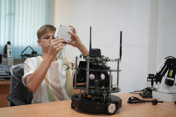 Children learning AI technology Robot with artificial intelligence ...