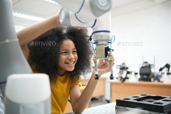 Children learning AI technology Robot with artificial intelligence ...