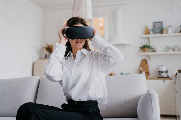 Beautiful girl in virtual reality headset. Augmented Reality. young ...