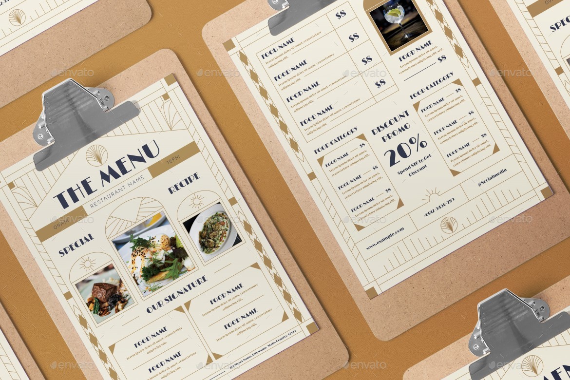 White Art Deco Restaurant Menu, Print Templates | GraphicRiver