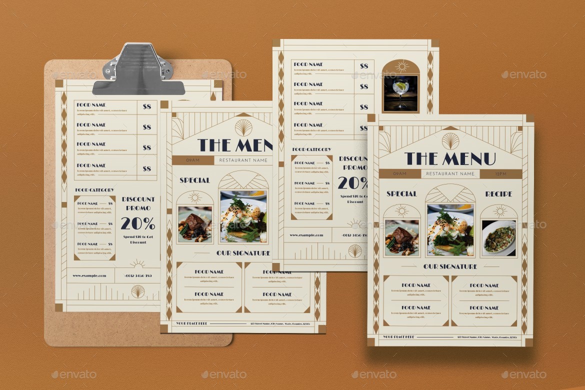 White Art Deco Restaurant Menu, Print Templates | GraphicRiver