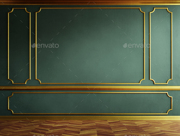 Luxury room interior with golden molding decor and blue wall in vintage ...