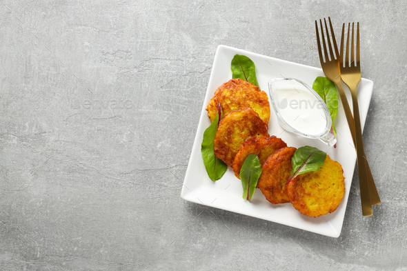 Tasty food concept - potato pancakes, delicious homemade food Stock ...