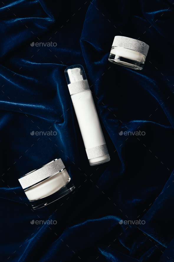 view from above of beauty cream and lotion on velvet surface Stock ...