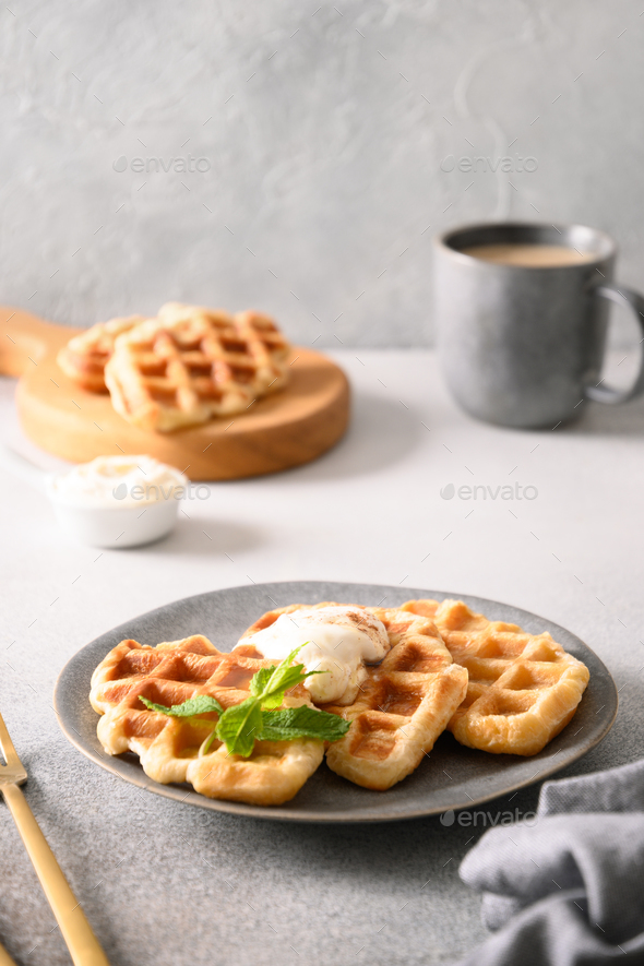 Popular croffles with maple syrup and whipped cream for delicious ...