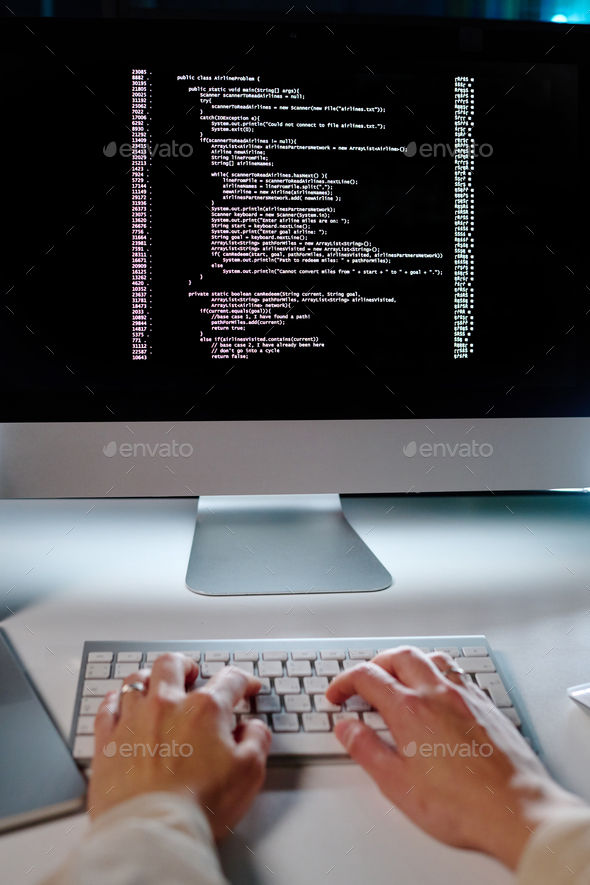 Hands of young female programmer typing on keyboard while decoding data Stock Photo by Pressmaster