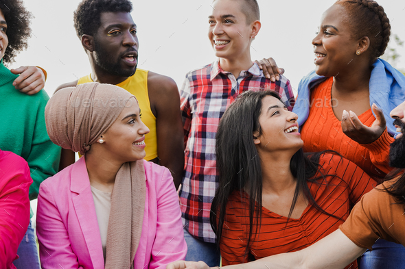 Crowd of young multiracial people having fun together outdoor - Concept ...