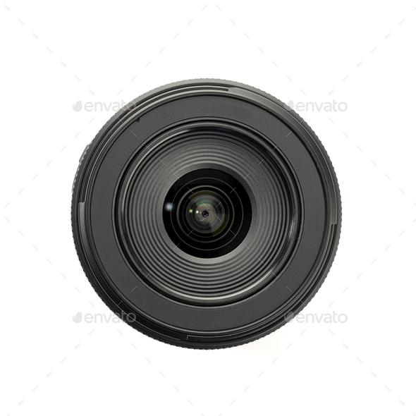 Front view of a modern photo camera lens isolated on white background Stock Photo by fotodestock