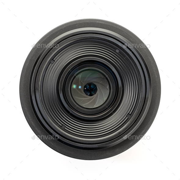 Front view of a modern photo camera lens isolated on white background ...
