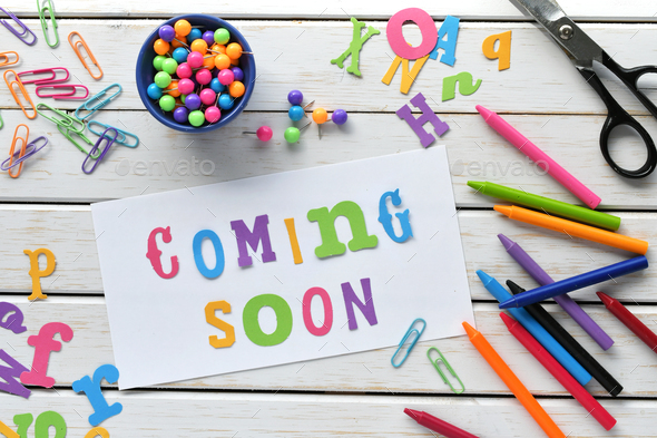 Coming Soon - craft project flat lay with colorful art supplies Stock ...