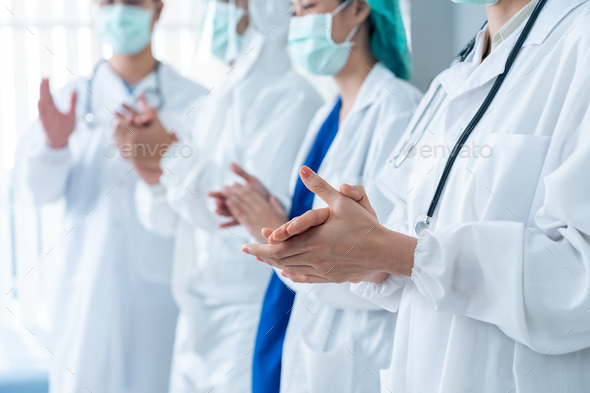 Close up Group of Asian doctor and nurse clapping the hands with smile ...