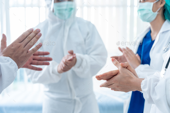 Close up Group of Asian doctor and nurse clapping the hands with smile ...