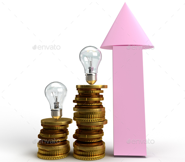 coin golden lightbulb lamp growth up arrow direction symbol sign ...