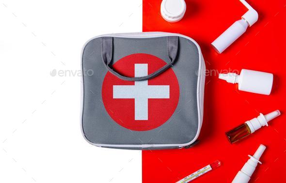 First aid kit concept, medicine equipment set in a suitcase box Stock ...
