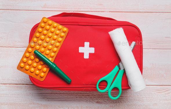 First aid kit concept, medicine equipment set in a suitcase box Stock ...