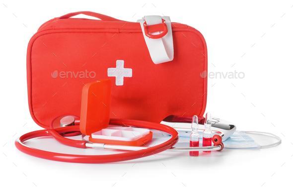 First aid kit concept, medicine equipment set in a suitcase box Stock ...