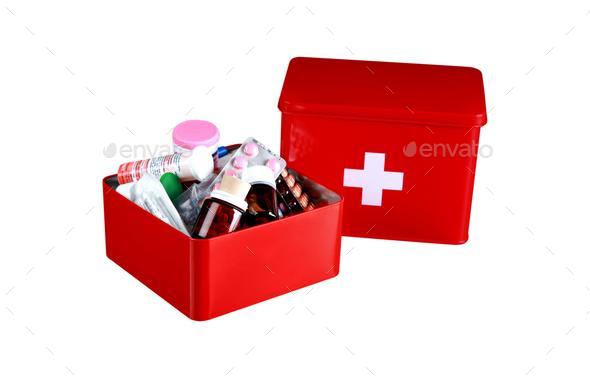First aid kit concept, medicine equipment set in a suitcase box Stock ...