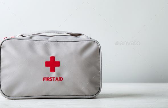 First aid kit concept, medicine equipment set in a suitcase box Stock ...