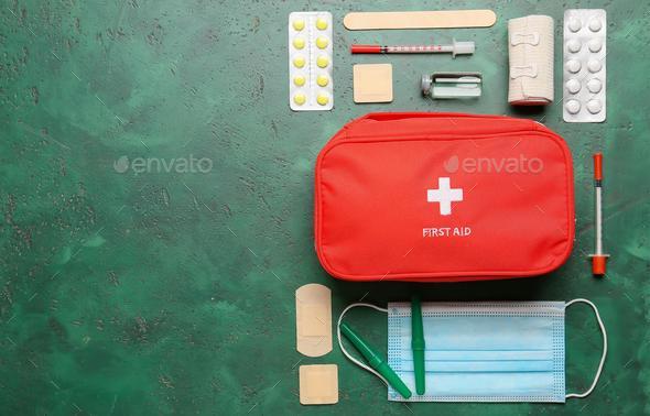 First aid kit concept, medicine equipment set in a suitcase box Stock ...