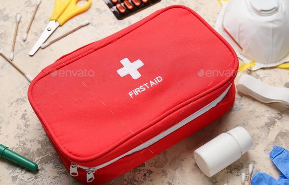 First aid kit concept, medicine equipment set in a suitcase box Stock ...