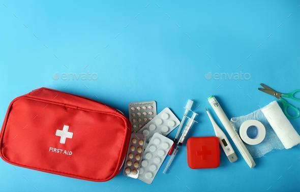 First aid kit concept, medicine equipment set in a suitcase box Stock ...
