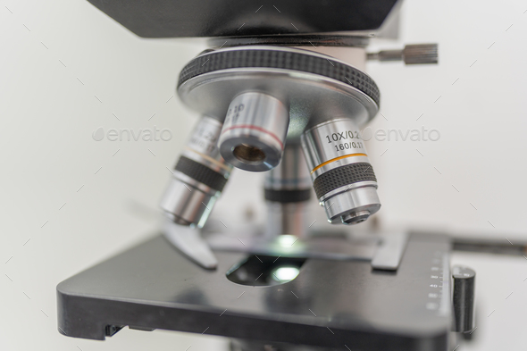 Laboratory microscope lenses to analyze objects Stock Photo by GSR ...