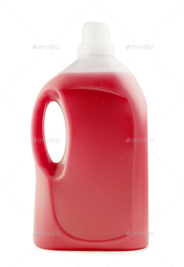Plastic clean bottle full with red detergent Stock Photo by AntAlexStudio