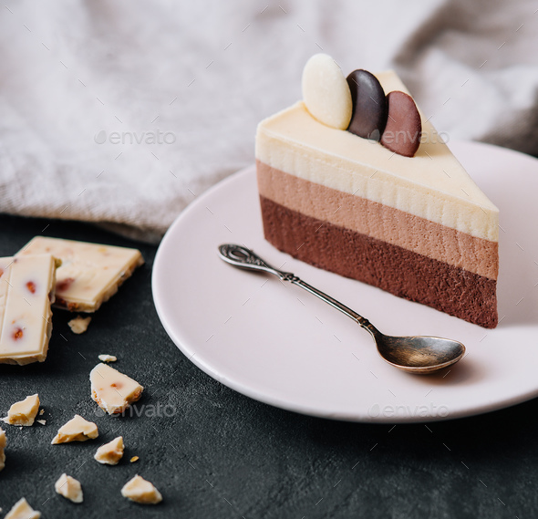 Chocolate Layered Mousse Cake on plate Stock Photo by AntAlexStudio
