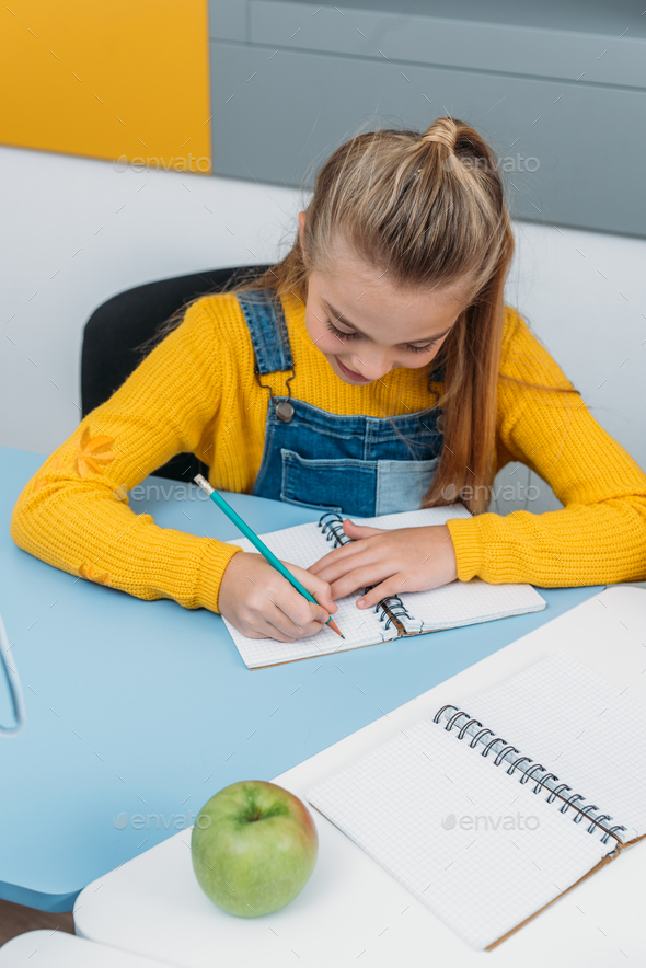 schoolkid writing in notepad during class Stock Photo by LightFieldStudios