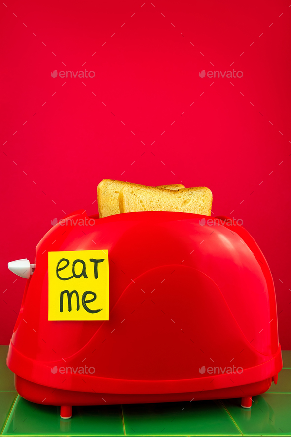 Red toaster crispy fresh bread slice on tile kitchen Morning toasts ...