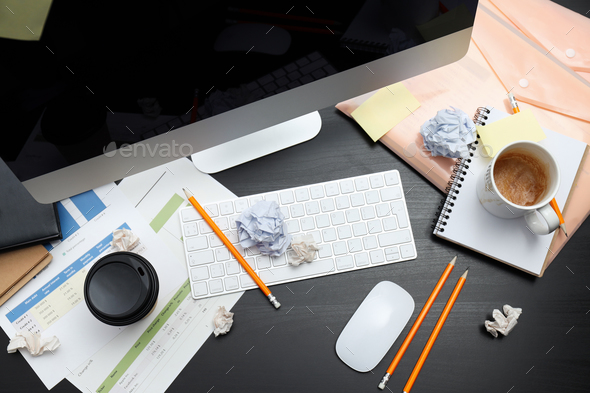 Messy office workplace, workplace and workspace concept Stock Photo by ...