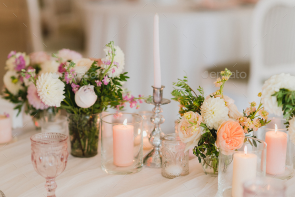 Coziness and style. Modern event design. Table setting at wedding ...
