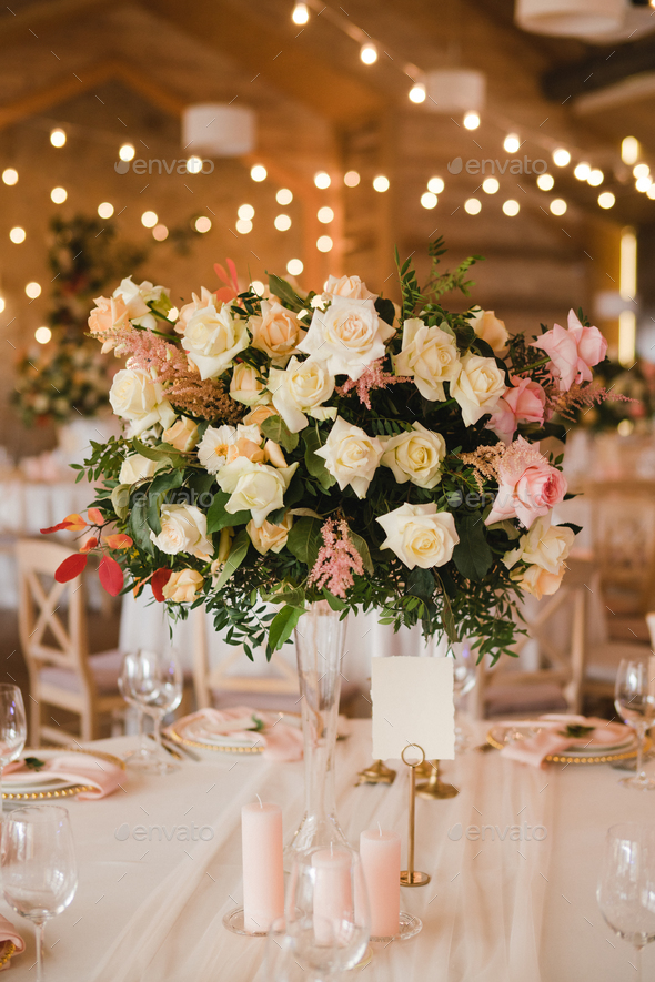 Coziness and style. Modern event design. Table setting at wedding ...
