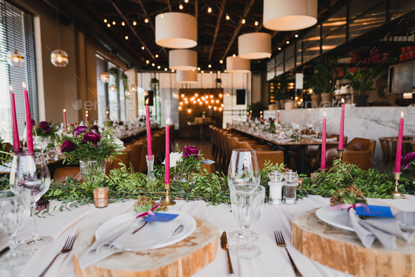 Coziness and style. Modern event design. Table setting at wedding ...
