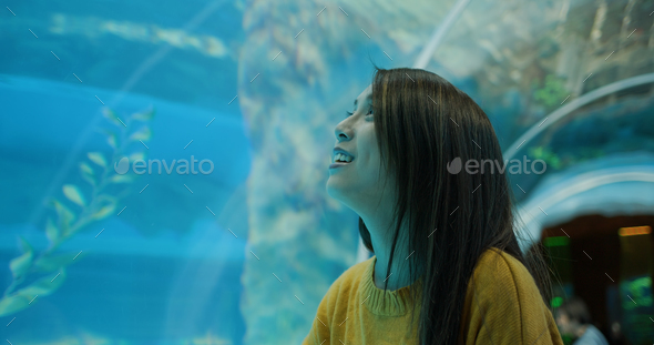 Woman in the aquarium, and look at the fish inside Stock Photo by ...